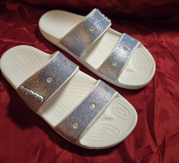 CROCS | Shoes | Crocs White And Silver Glitter Slides | Poshmark
